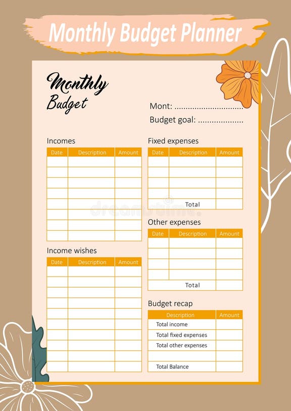 Monthly Income and Expense Budget Planner Template Stock Illustration ...
