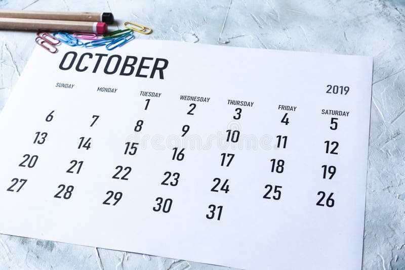 Monthly October 2019 Calendar Stock Image - Image of design, season ...