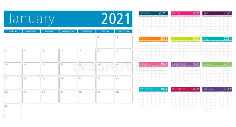 Monthly Organization Calendar Template Grid for 2021 Stock Vector ...
