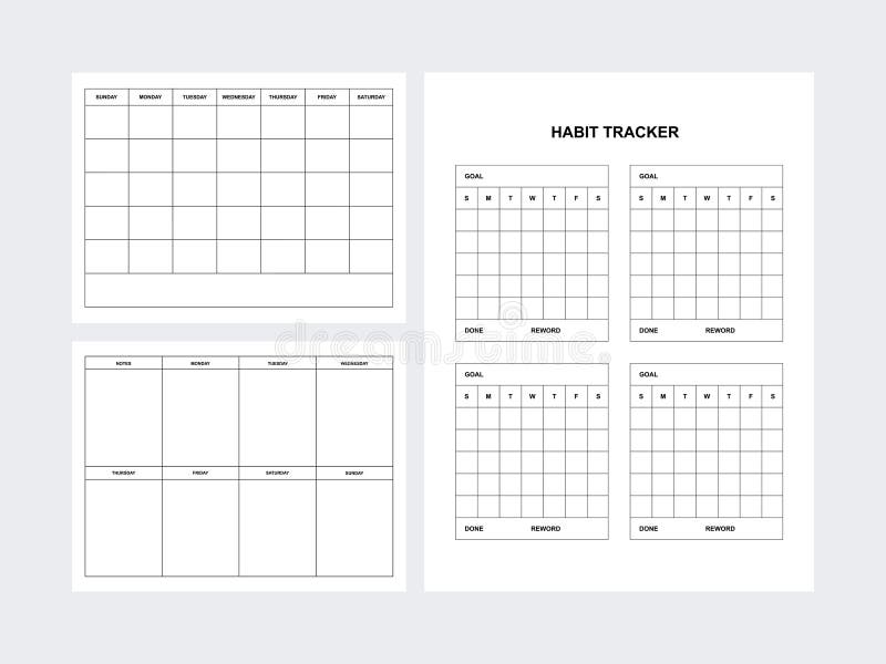 Monthly Plan, Weekly Plan, Habit Tracker Planner Page Templates. Vector ...
