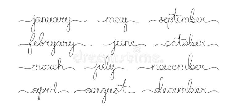 Months Names Line Cursive Calligraphy Set Calendar Continuous ...