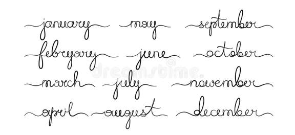Months Names Line Cursive Handwritten Set Continuous Calligraphic Brush ...
