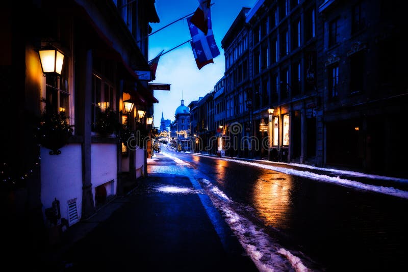 Montreal Old Streets at Night Quebec Stock Photo - Image of light ...