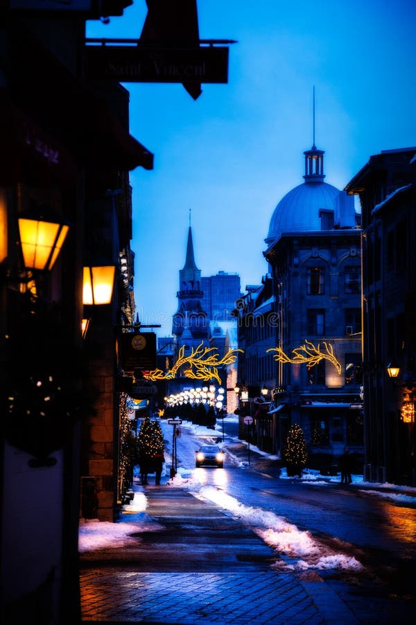 Montreal Old Streets at Night Quebec Stock Image - Image of dome ...