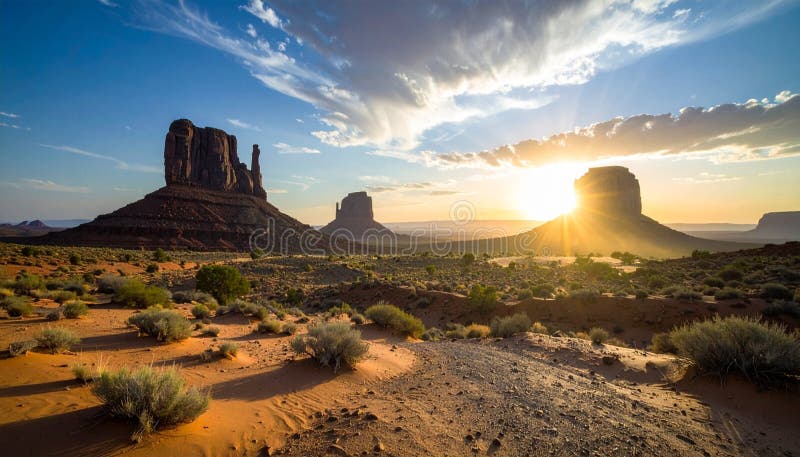 Monument Valley Mittens at Sunset with Golden Sun Rays and Dramatic ...