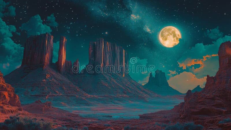 Monument Valley Night Landscape with Full Moon and Starry Sky Stock ...