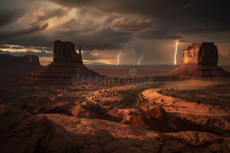 Monument Valley Sunset Storm Dramatic Lightning Strikes Red Rocks Stock ...