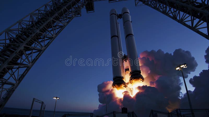 Monumental Bridge Arch Frame Against Night Sky with Rocket Launch ...