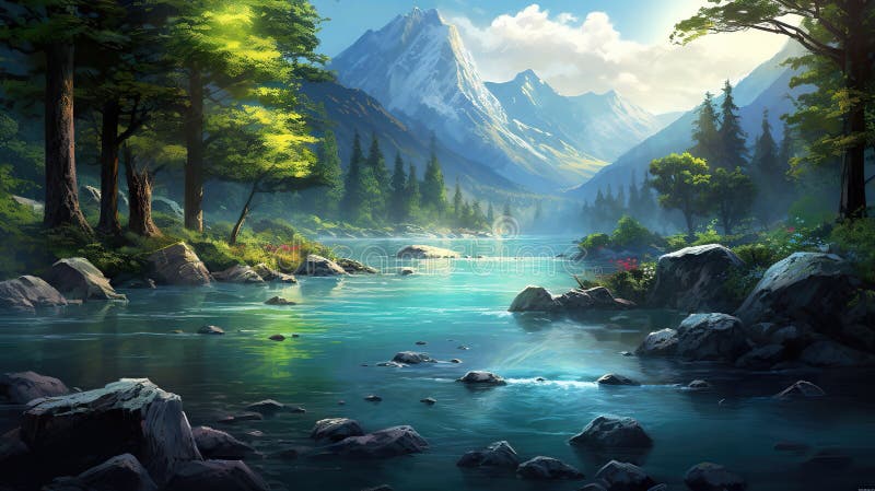 A Monumental Inspired Anime Landscape Showing Mountains and a Flowing ...