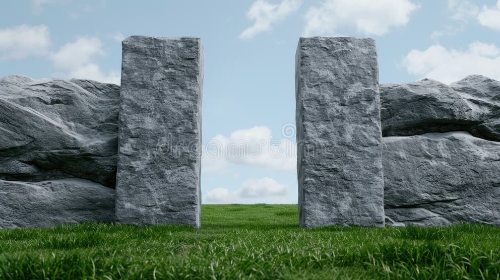 Monumental Stone Pillars in a Grassy Field Stock Illustration ...
