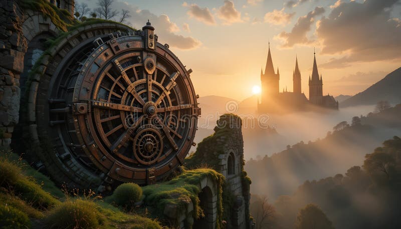 Monumental Structure and Castle at Sunset with Light Rays in Landscape ...