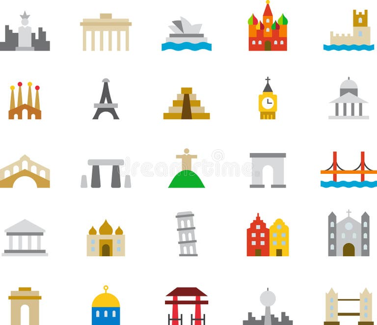 MONUMENTS Colored Flat Icons Stock Vector - Illustration of arch ...