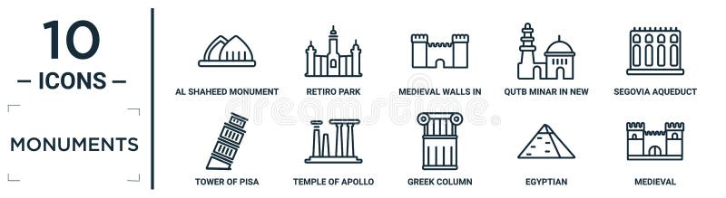 Monuments Linear Icon Set. Includes Thin Line Al Shaheed Monument ...