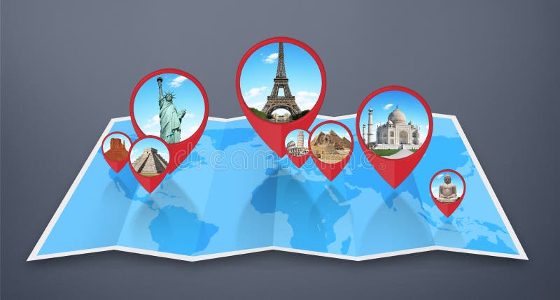 Monuments of the World on a Map Stock Illustration - Illustration of ...