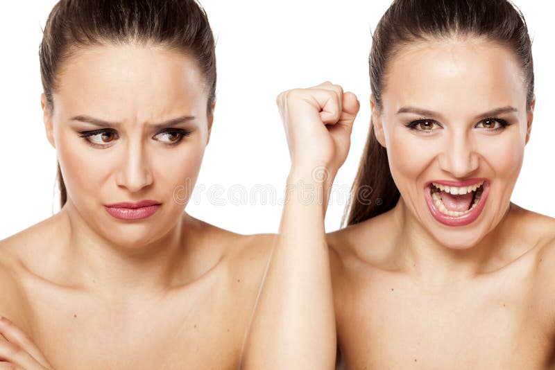 Woman Changing Mood from Being Happy To Getting Upset and Angry Stock ...