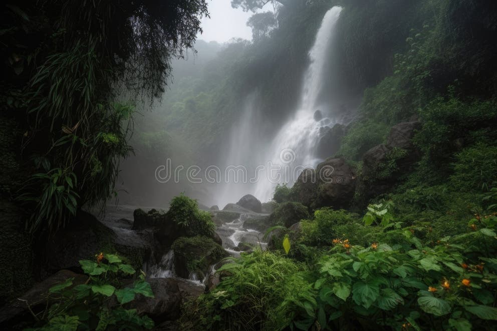 Mood-setting Waterfall Surrounded by Lush Greenery and Misty Atmosphere ...