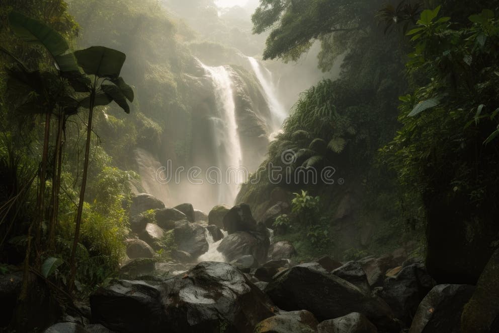 Mood-setting Waterfall Surrounded by Lush Greenery and Misty Atmosphere ...