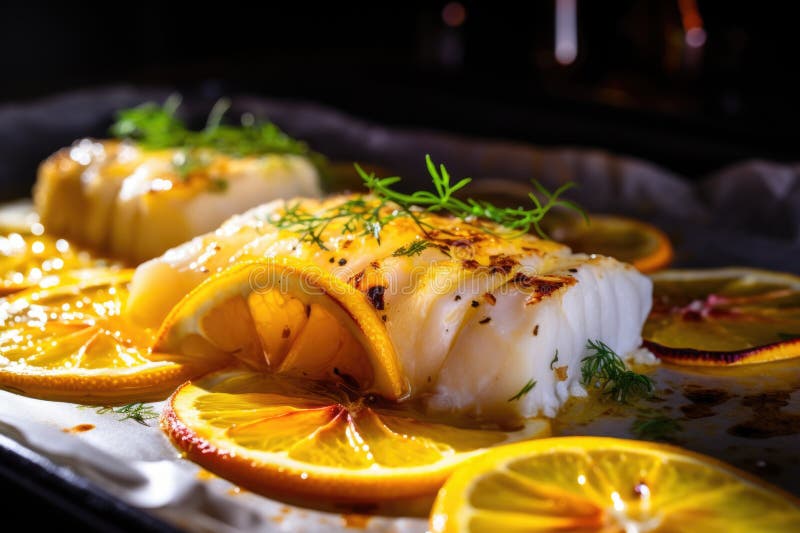 Moodily Lit Close-up of Baked Cod Garnished with Lemon Stock ...