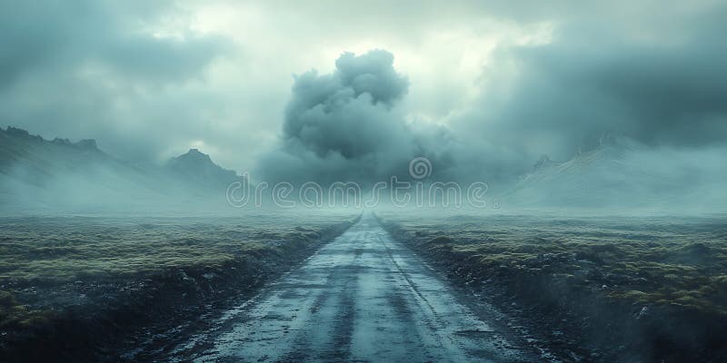 Moody Atmospheric Landscape Road through Misty Fields Under a Dramatic ...