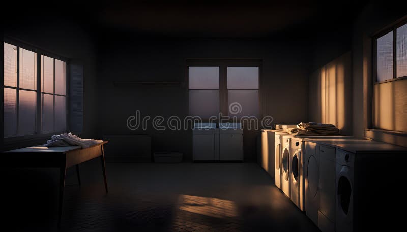 A Moody, Atmospheric Laundry Room at Dusk, Filled with the Soft Glow of ...