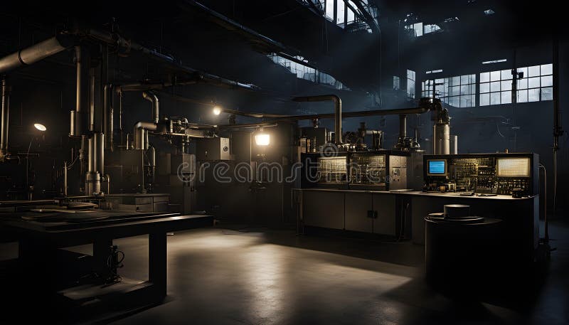 A Moody, Atmospheric Shot of an Underground Laboratory Lit by a Single ...