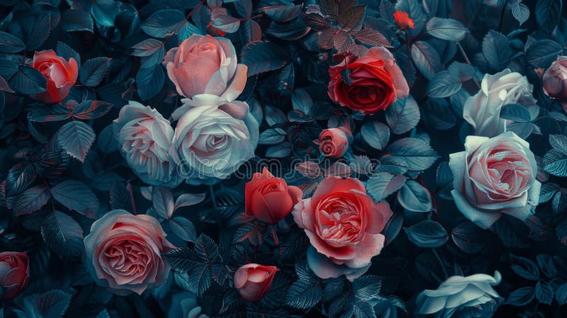 Moody Blue Tinted Roses in Mysterious Garden Setting Stock Photo ...