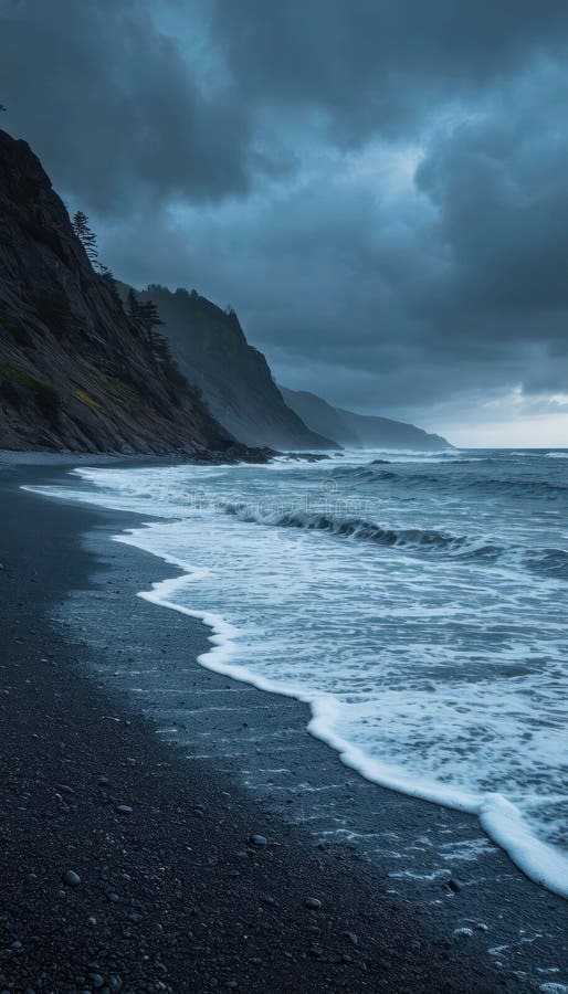 Moody Coastal Landscape with Dark Waves and Rugged Cliffs at Twilight ...