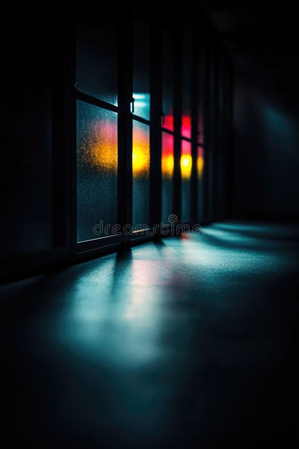 Moody Corridor with Colorful Light Reflections on Glass Panels at Night ...
