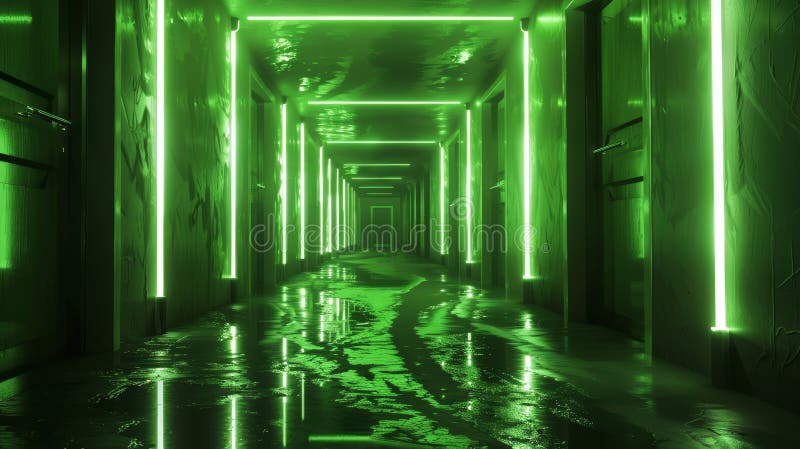 Moody Corridor with Green Neon Lights, Reflective Wet Floor Realistic ... Moody Corridor with Green Neon Lights, Reflective Wet Floor Realistic ...