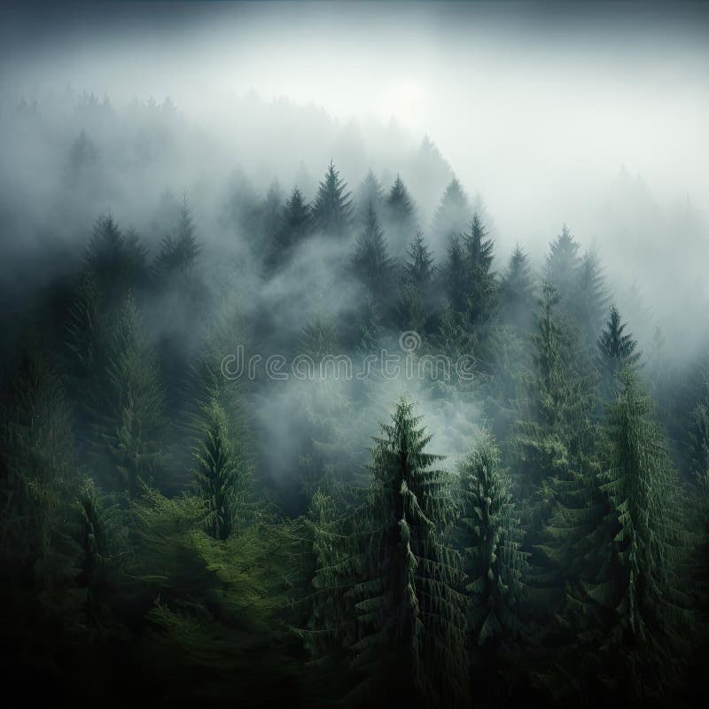 Moody Forest with Fog and Pine Trees Stock Illustration - Illustration ...