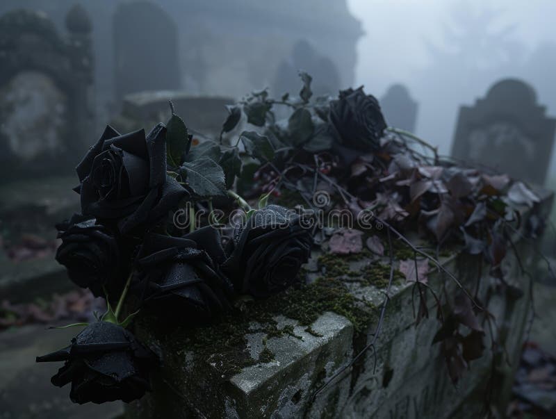 Moody Gothic Black Roses in the Mist Stock Illustration - Illustration ...