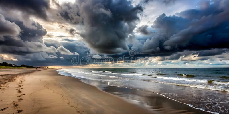 A Moody, Gray Sky Casting Shadows Over a Quiet Beach Stock Illustration ...