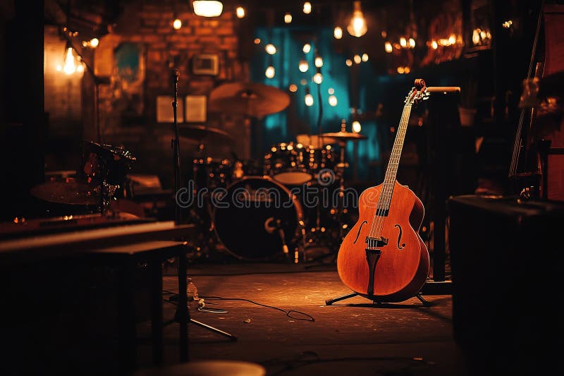 Moody Jazz Club Interior with Intimate Stage Setup, Unoccupied but ...