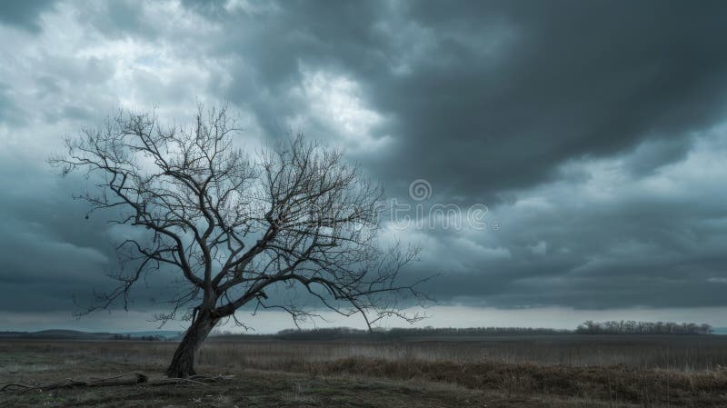 Moody Landscape with a Solitary Bare Tree Under a Dramatic Cloudy Sky ...