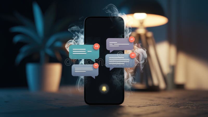 A Smartphone Surrounded by Chat Notifications in a Cozy, Dimly Lit ...