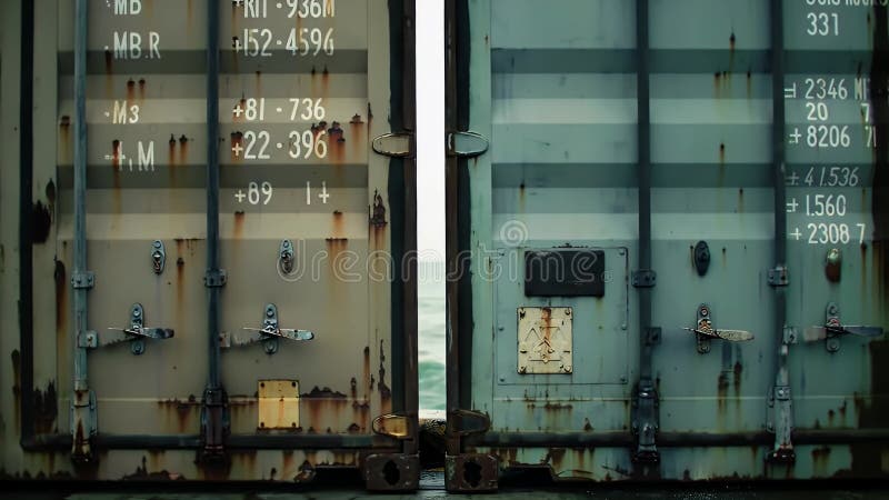 Macro Shot of Opening Rusted Container Doors Revealing Ocean Waves in a ...