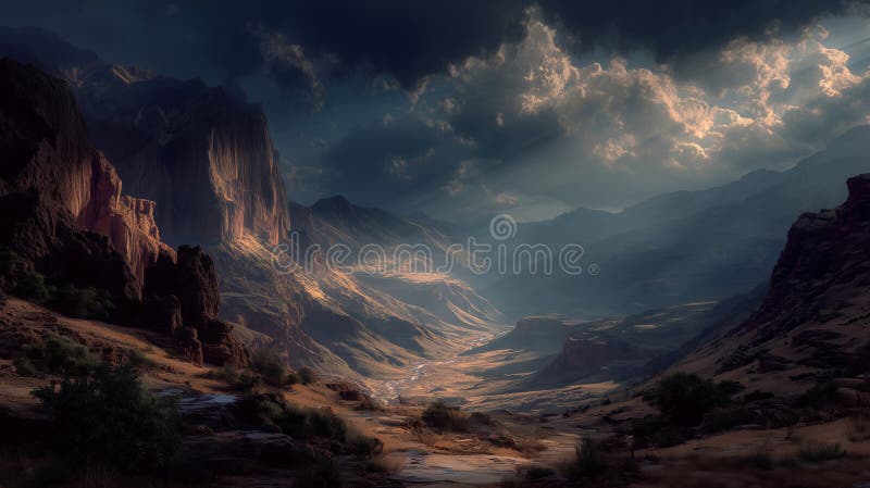 Moody Mountain Valley Landscape Stock Image - Image of crag, shadow ...