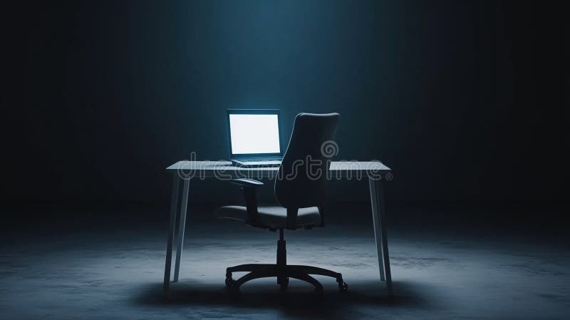 Minimal Scene of Laptop on Desk with Empty Chair Spotlighted in Dark ...