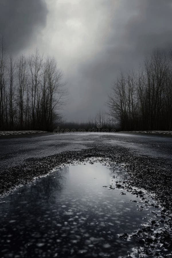 Moody Overcast Landscape with Bare Trees and Reflections in Puddle ...