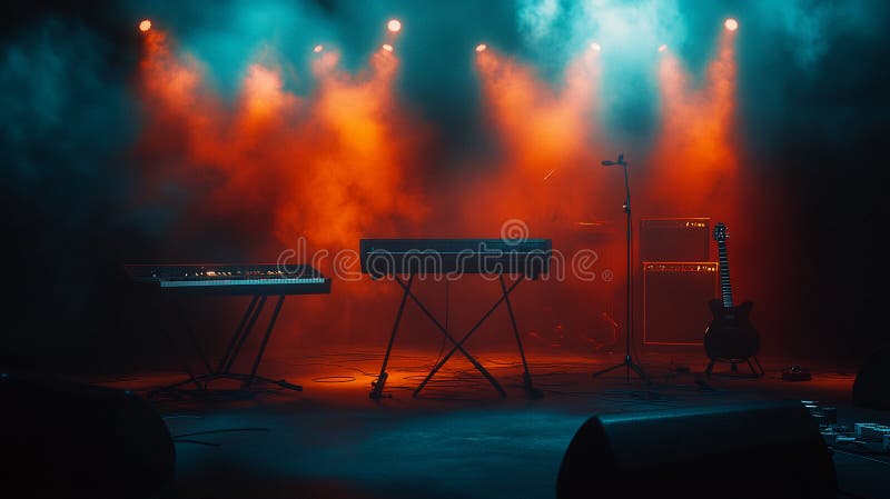 Dramatic Stage Setup with Keyboards Guitar and Red Blue Lighting Pop ...