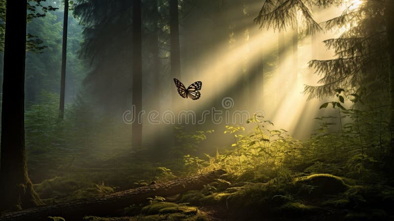 Moody Tonalism: Stunning Butterfly in Forest with Sun Rays Stock ...