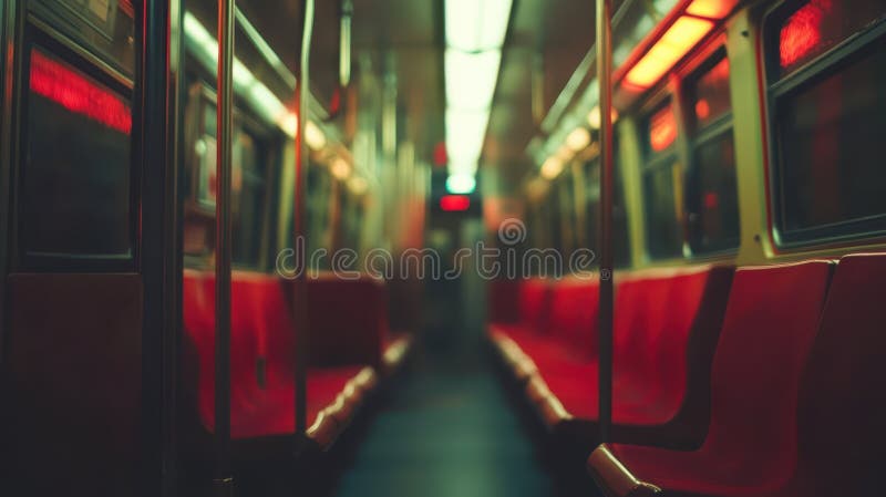 Inside Subway Car with Red-lit Interior and Empty Seats Stock Photo ...