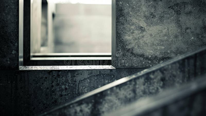 Moody Urban Concrete Staircase with Raindrops and Reflective Window ...
