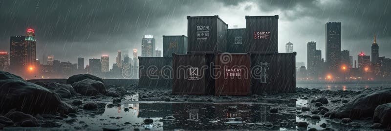 Moody Urban Skyline with Shipping Containers in Rain at Night Stock ...