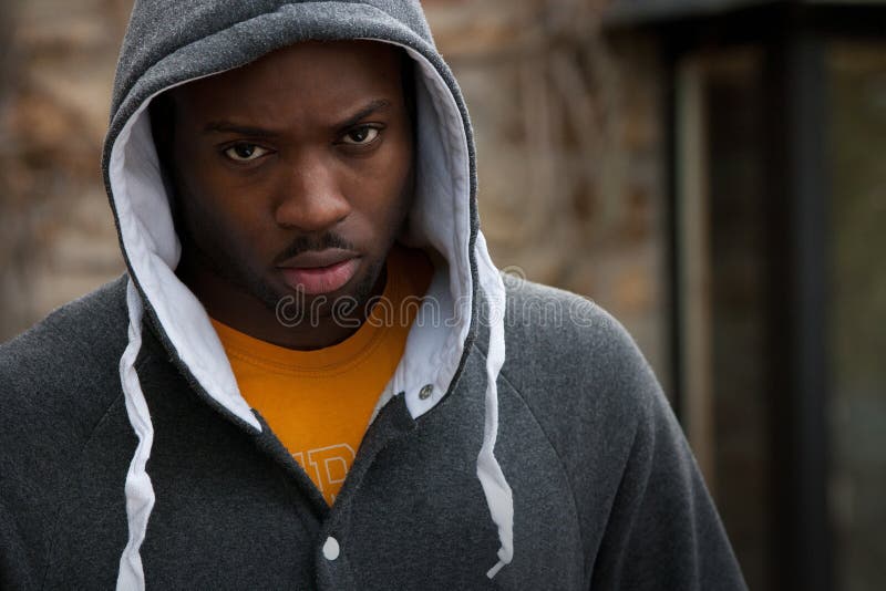 Portrait of Moody Young Black Man Stock Image - Image of black, hood ...