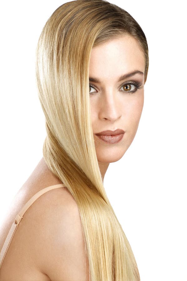 Mooi Model Dat Haar Perfect Blonde Recht Haar Toont Stock Foto - Image ...