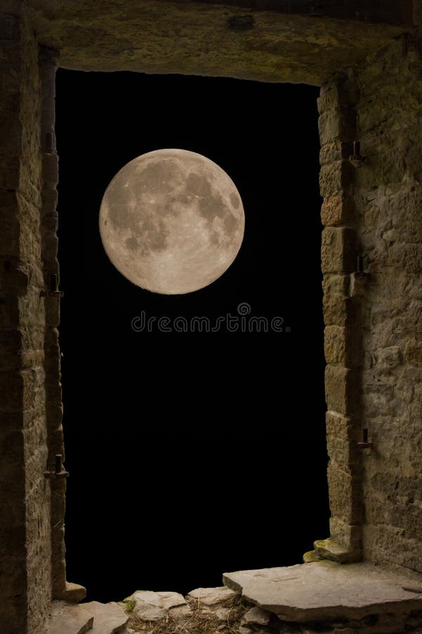 Moon through Ancient Stone Window Stock Photo - Image of universe, dark ...