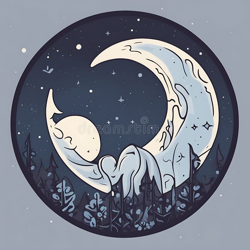 Moon Art Round Badge Sticker Stock Illustration - Illustration of blue ...