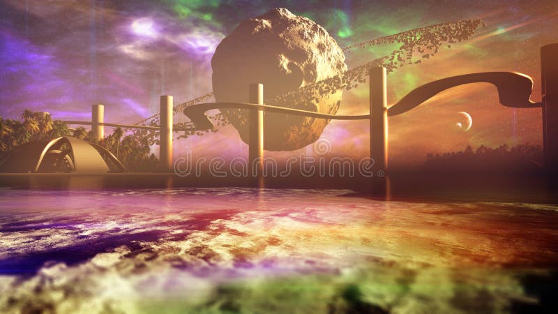 Moon with Asteroid Rings on Alien Planet Horizon Stock Illustration ...