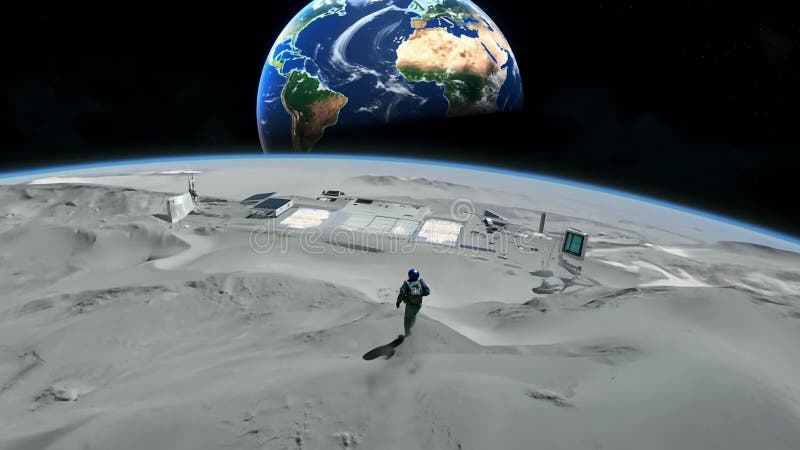 Moon Base Exploration with Earth in the Background Stock Video - Video ...